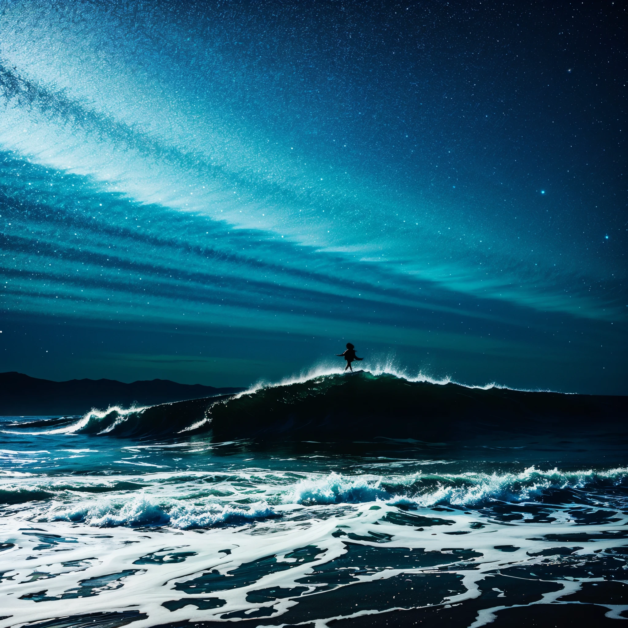 Surfer on a wave in the ocean at night with stars in the sky - SeaArt AI