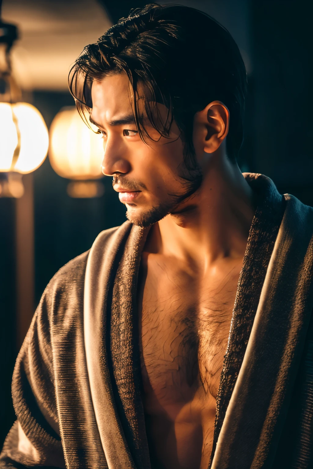 A close up of a man in a robe looking at a light - SeaArt AI