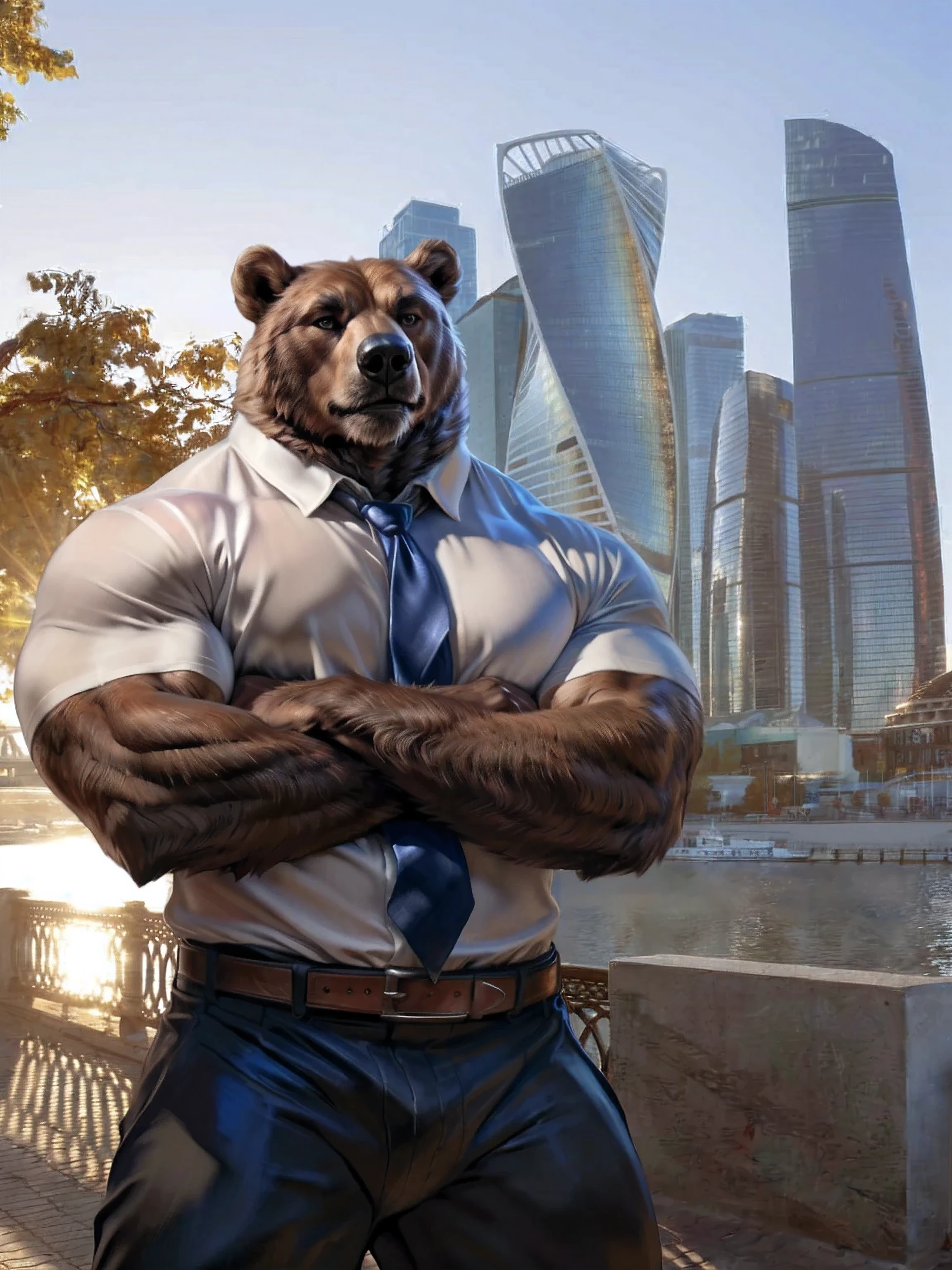 There is a man in a shirt and tie standing with a bear - SeaArt AI