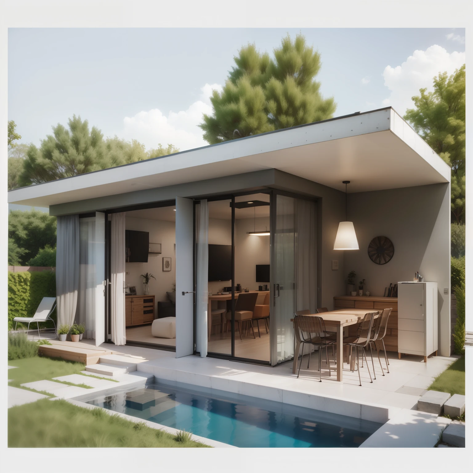 A close up of a pool and patio area with a dining table - SeaArt AI