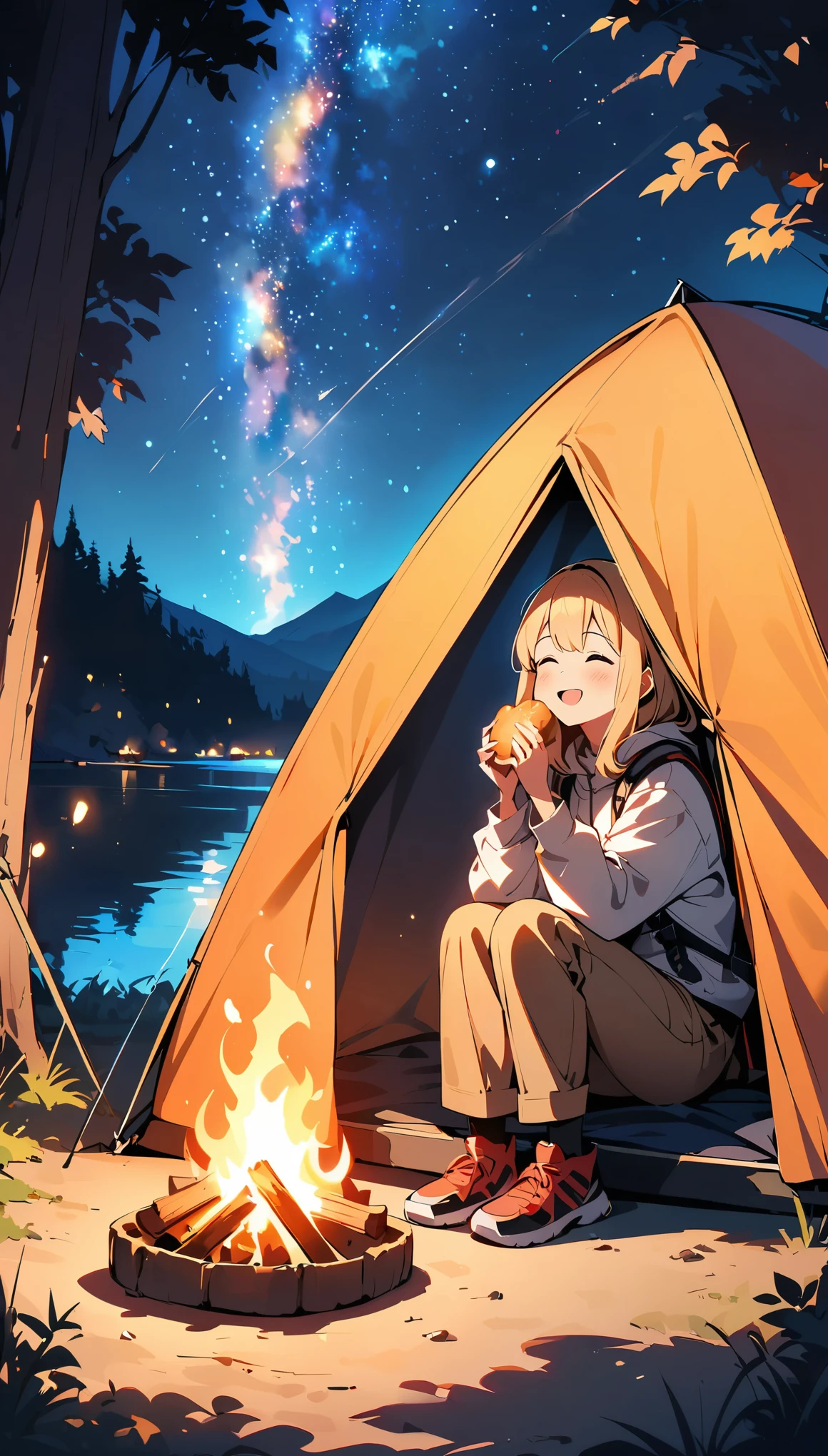 Anime girl sitting in a tent next to a campfire - SeaArt AI