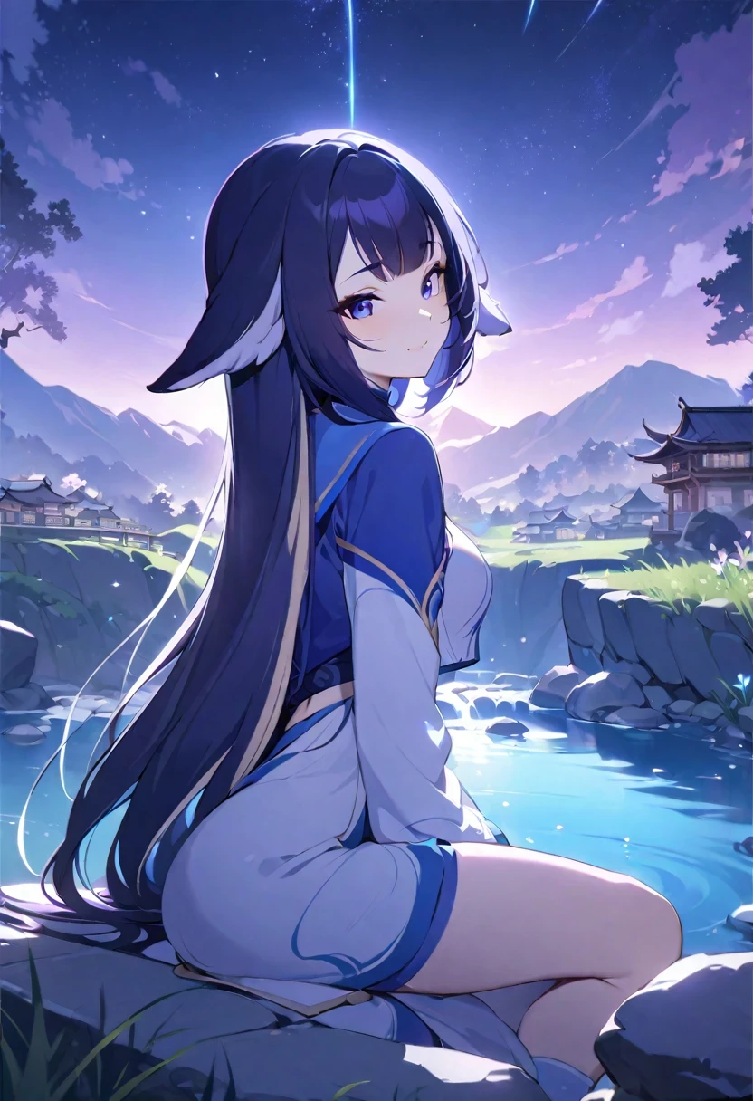 A girl sitting on a rock looking at the sky - SeaArt AI