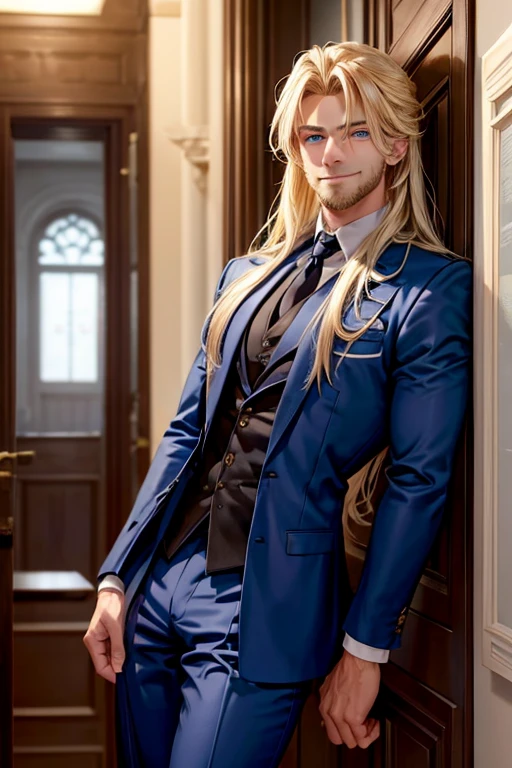 A muscular blonde haired male wizard with blue eyes with a dark beard ...