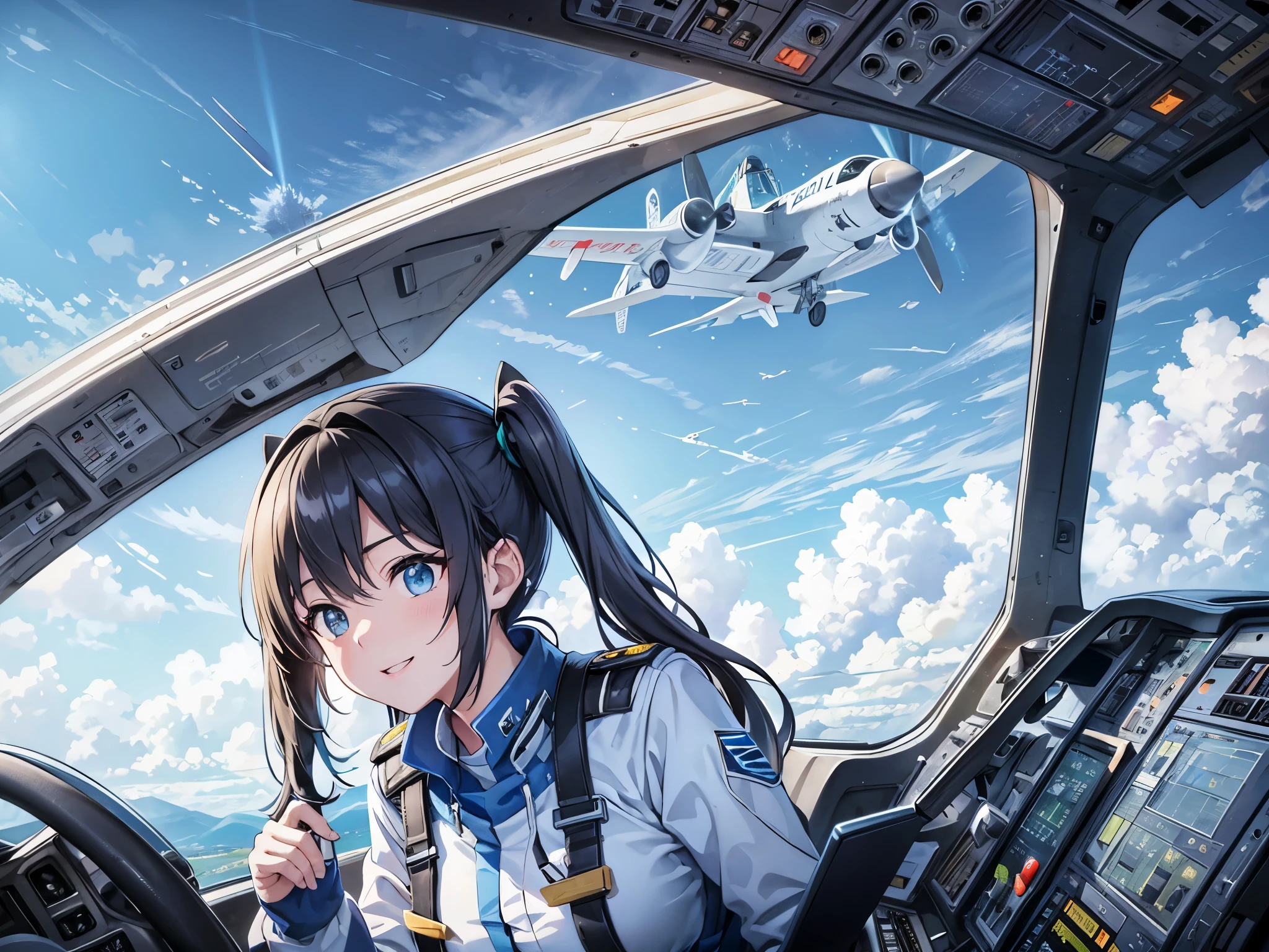Anime girl in cockpit of a plane with a plane flying overhead - SeaArt AI