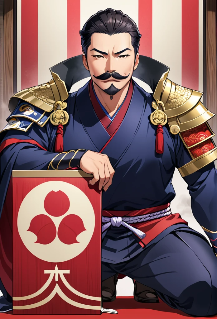 Japanese man with mustache，Kneel down，Daimyo，a man with mustache ...