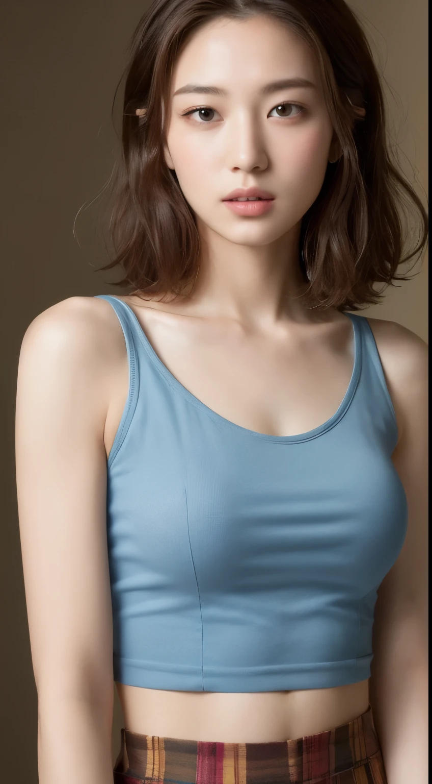 A close up of a woman wearing a blue top and plaid skirt - SeaArt AI
