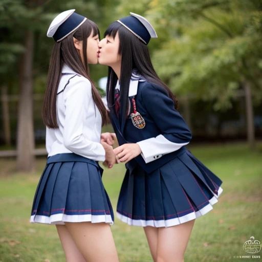 Two Japanese junior high school girls in revealing uniforms kissing - SeaArt AI