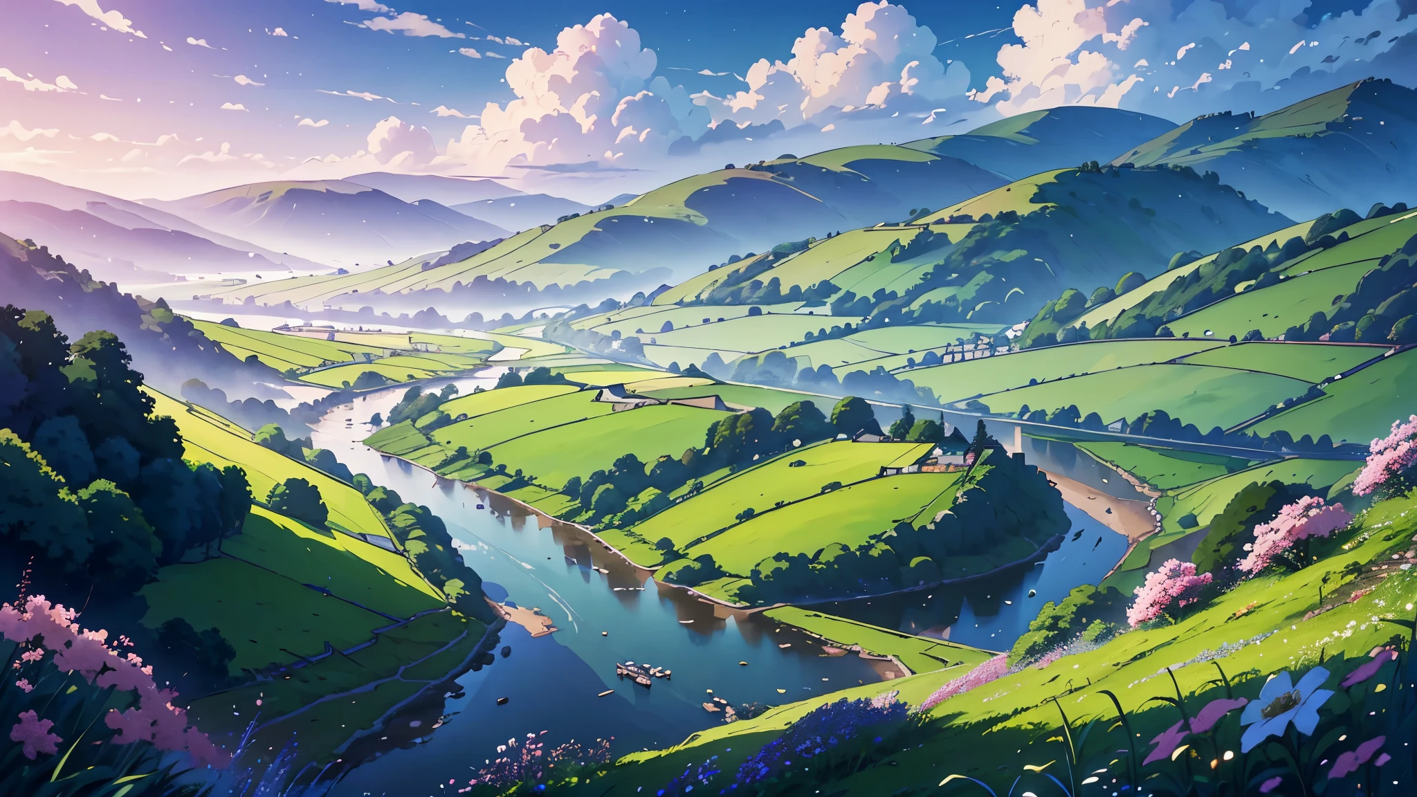 A painting of a valley with a river and mountains in the background ...