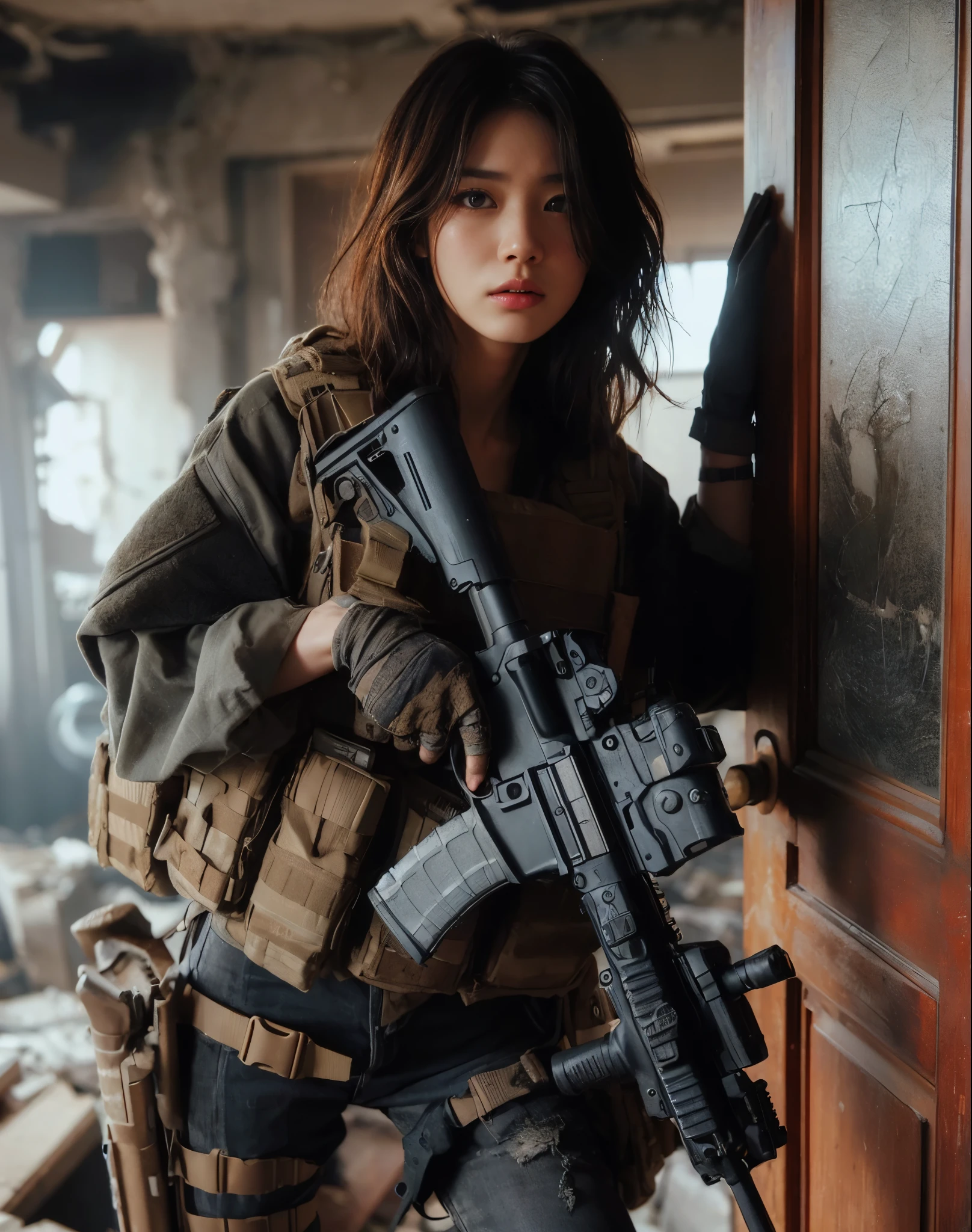 A woman in a military outfit holding a gun and posing for a picture ...