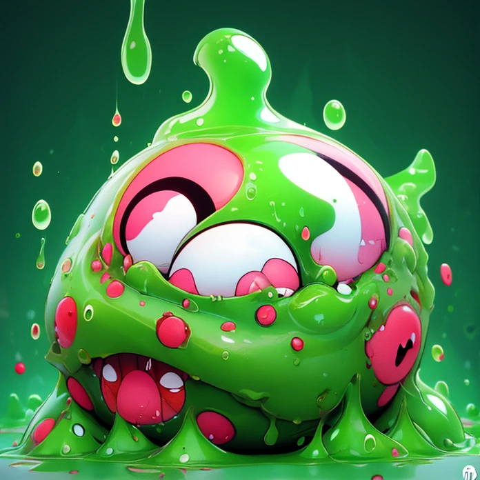 There is a green object with a wear red cap on it, pink angry bubble ...