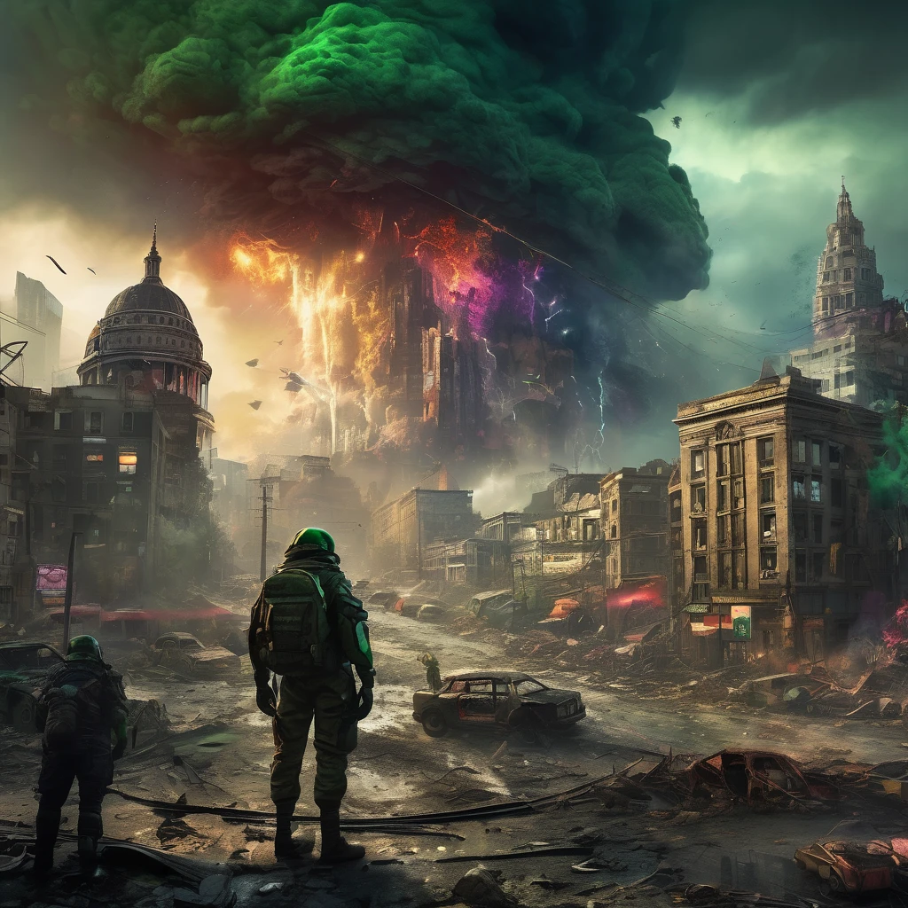 An alien city lies in ruins, Omni Man in torn and ragged uniform ...