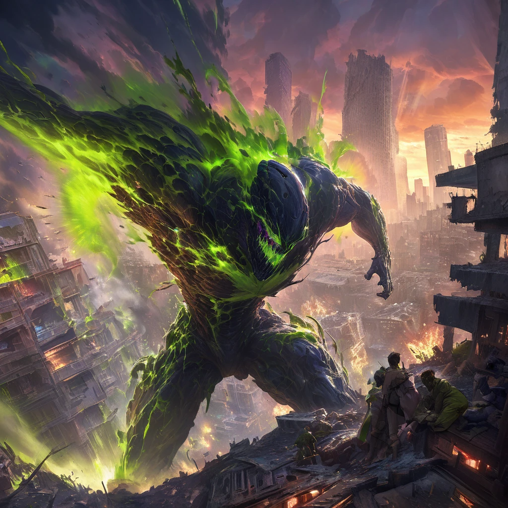 An alien city lies in ruins, Omni Man (from series Invincible - SeaArt AI