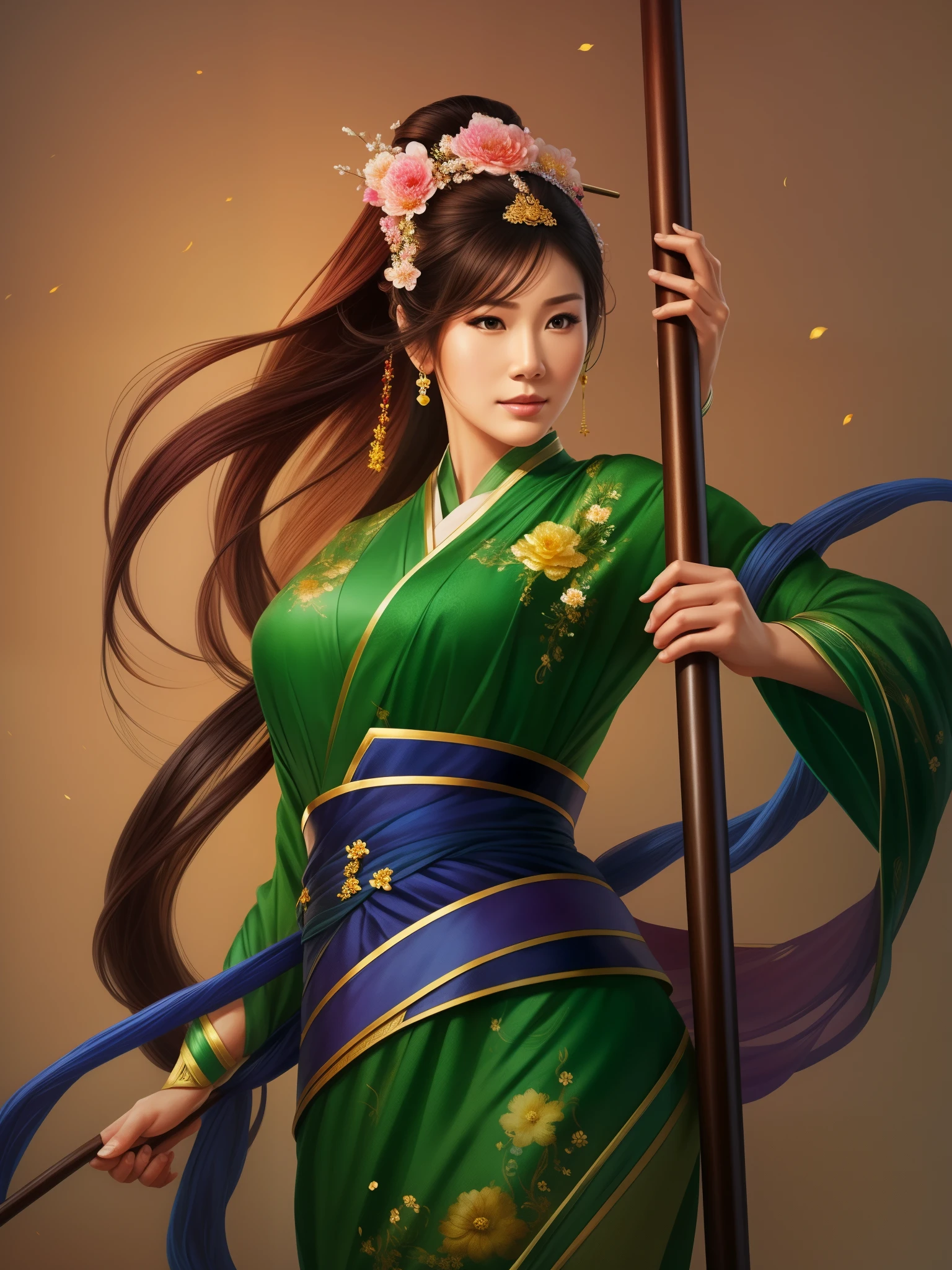 A woman in a green and blue dress holding a pole - SeaArt AI