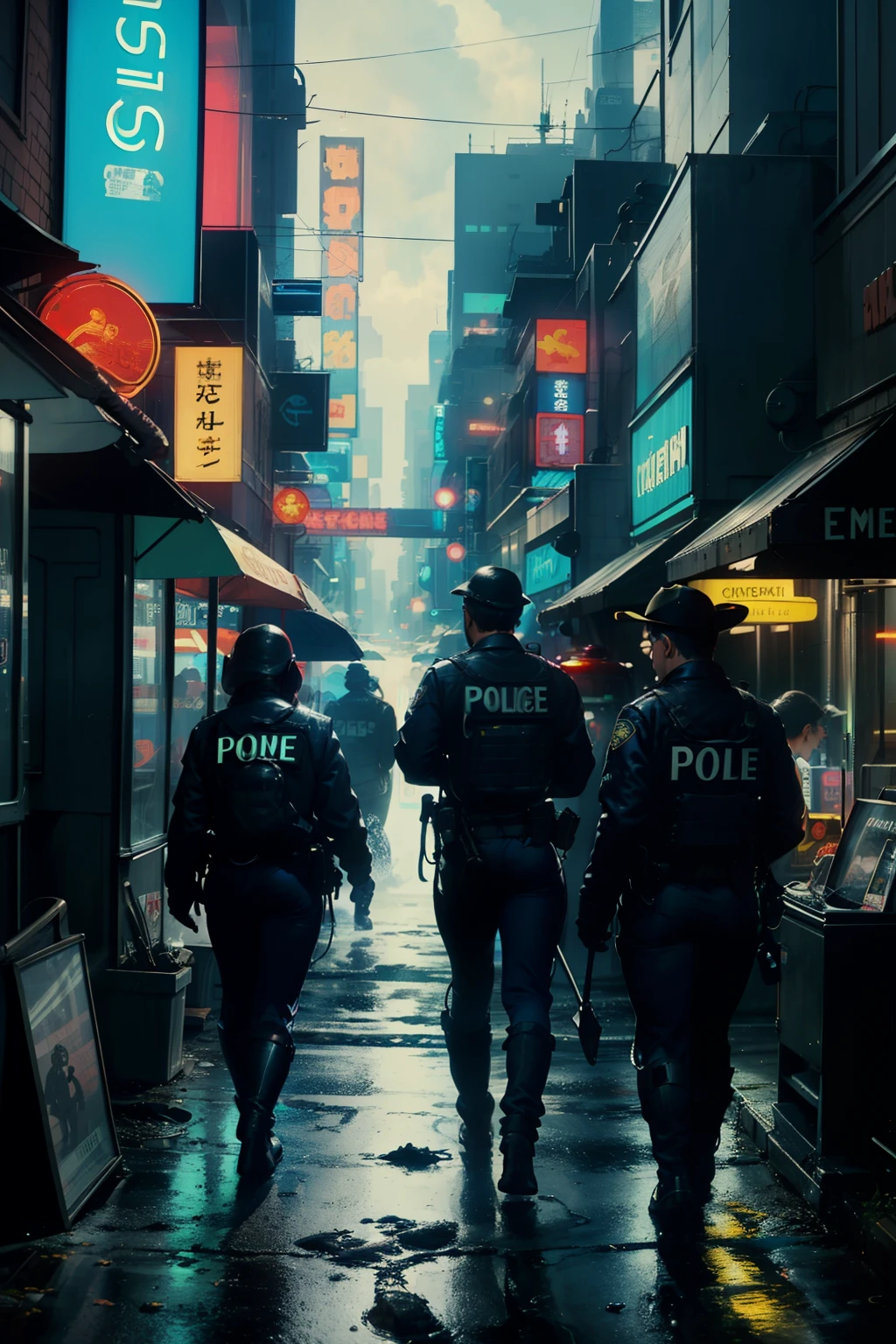 There are two police officers walking down a city street - SeaArt AI