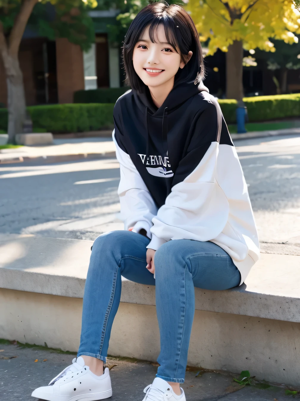 A woman sitting on a ledge wearing a black and white sweatshirt - SeaArt AI