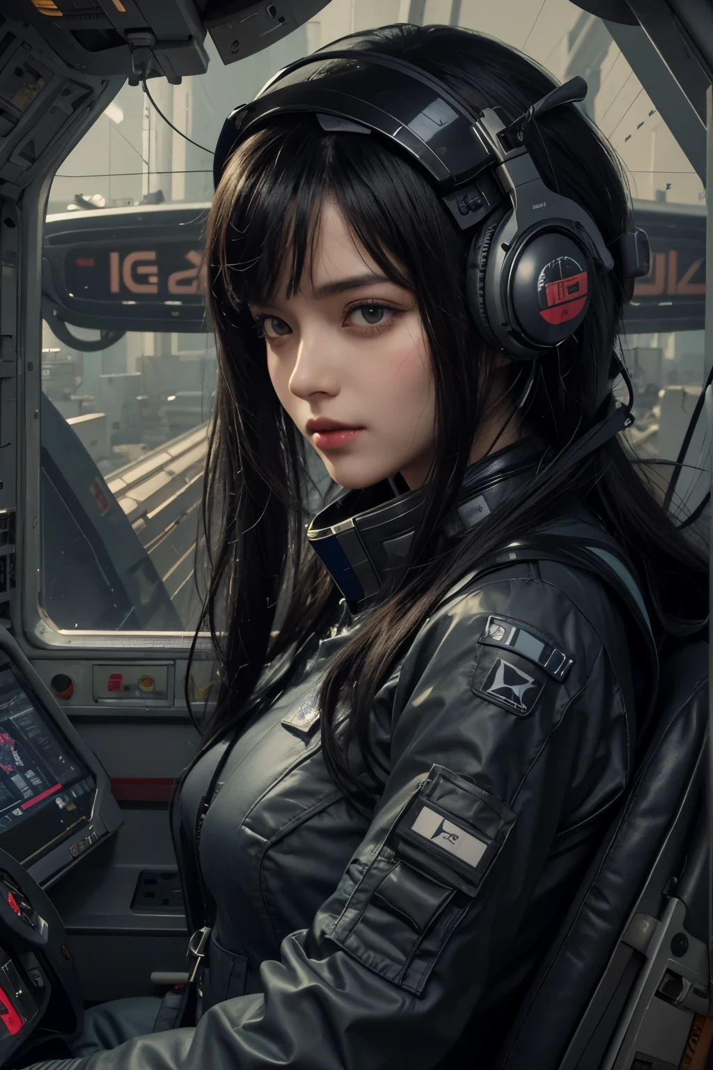 Arafed woman in a black leather jacket sitting in a cockpit - SeaArt AI