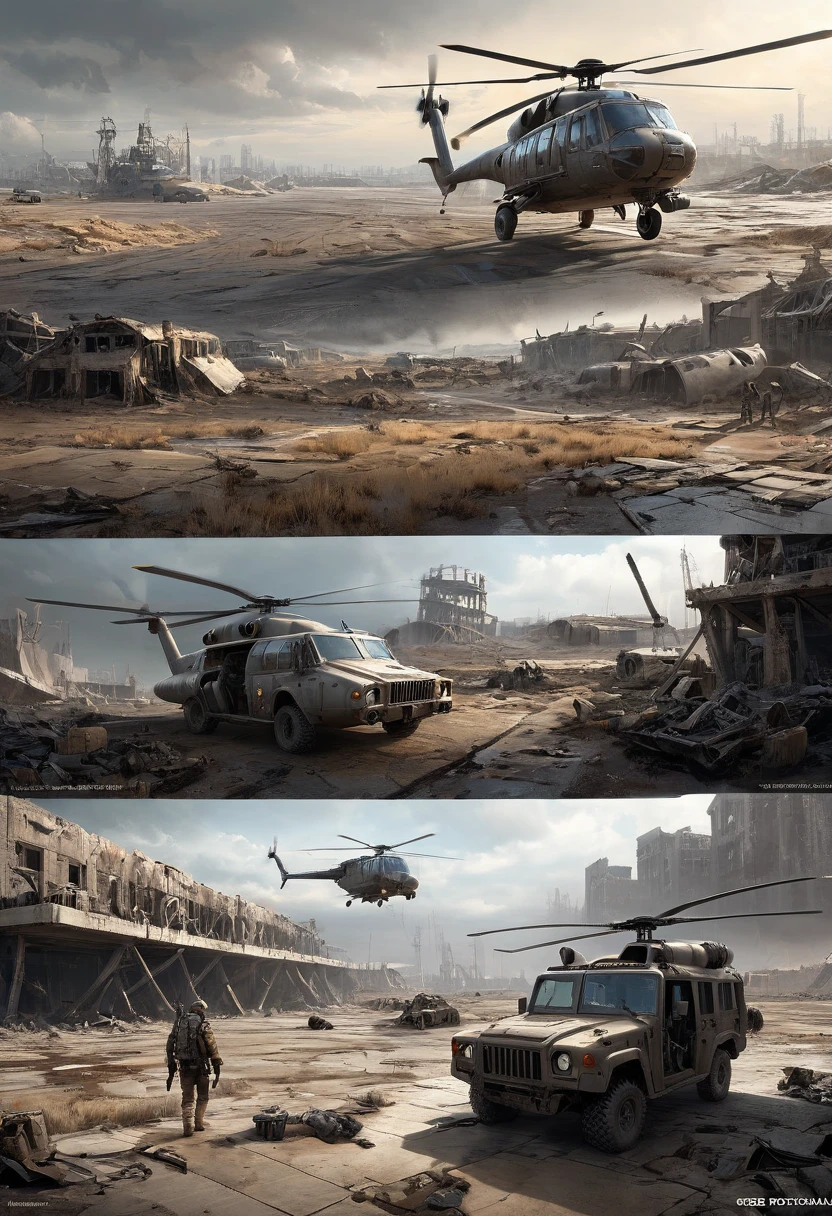 Airport, helicopter, Post apocalyptic scenario, Desolate atmosphere ...