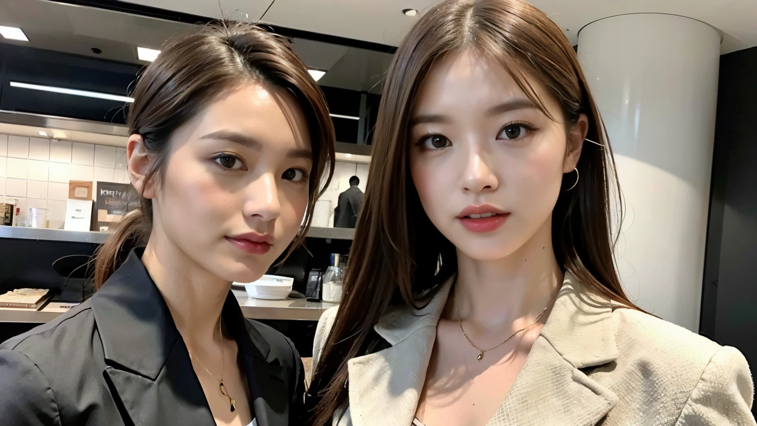 Two asian women in business attire posing for a picture - SeaArt AI