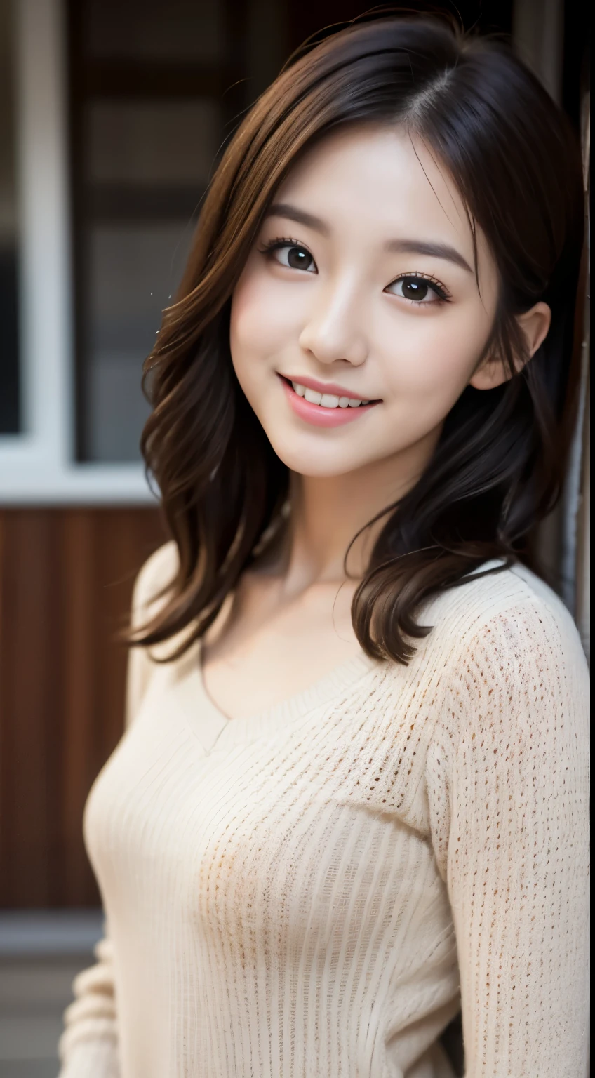 A close up of a woman in a sweater posing for a picture - SeaArt AI