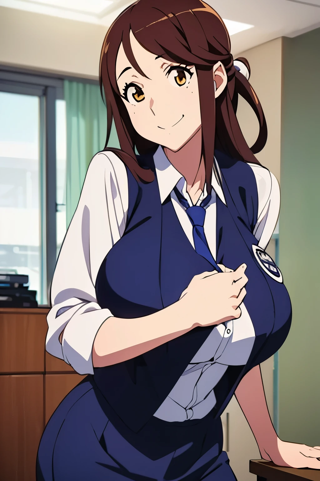 Anime girl in uniform posing in office with desk and window - SeaArt AI