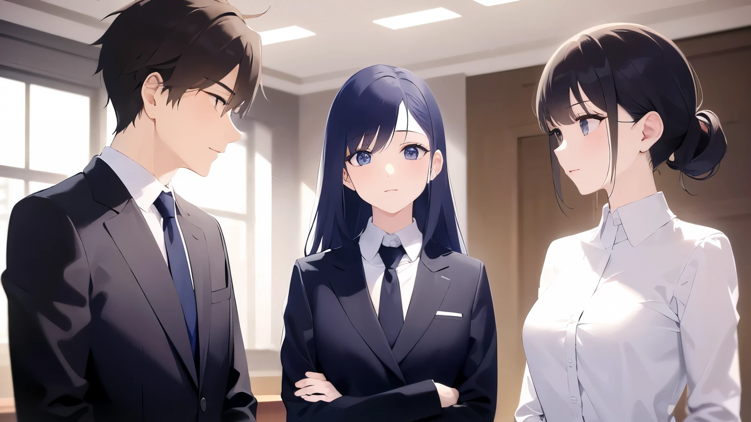 Three anime characters in suits and ties standing in a room - SeaArt AI
