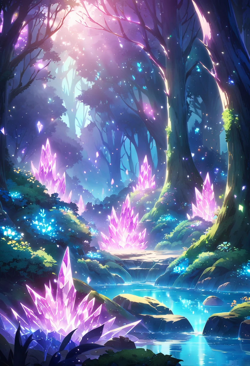Anime forest with flowers and stream in the middle - SeaArt AI