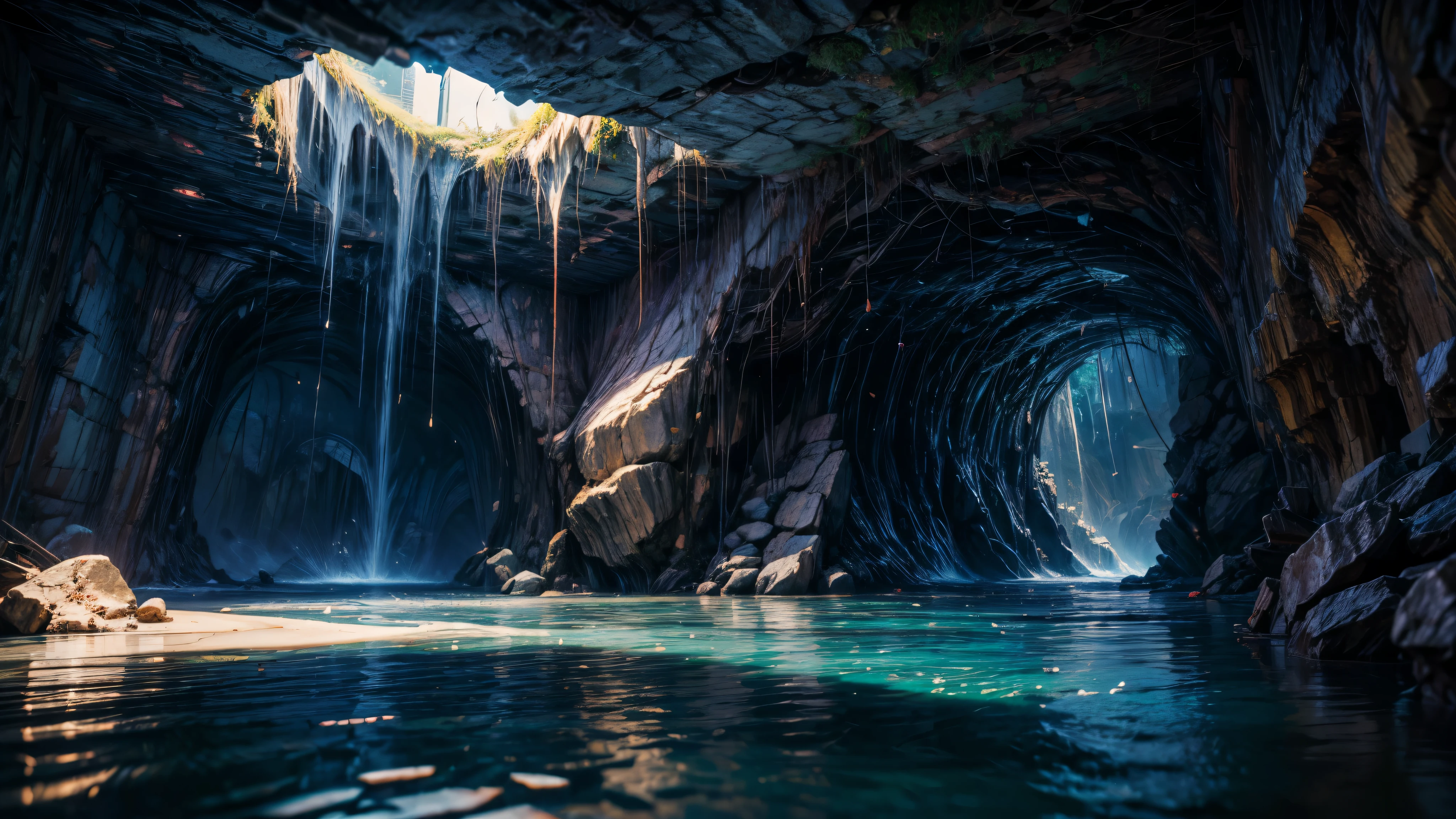 A close up of a waterfall in a cave with a light coming out - SeaArt AI