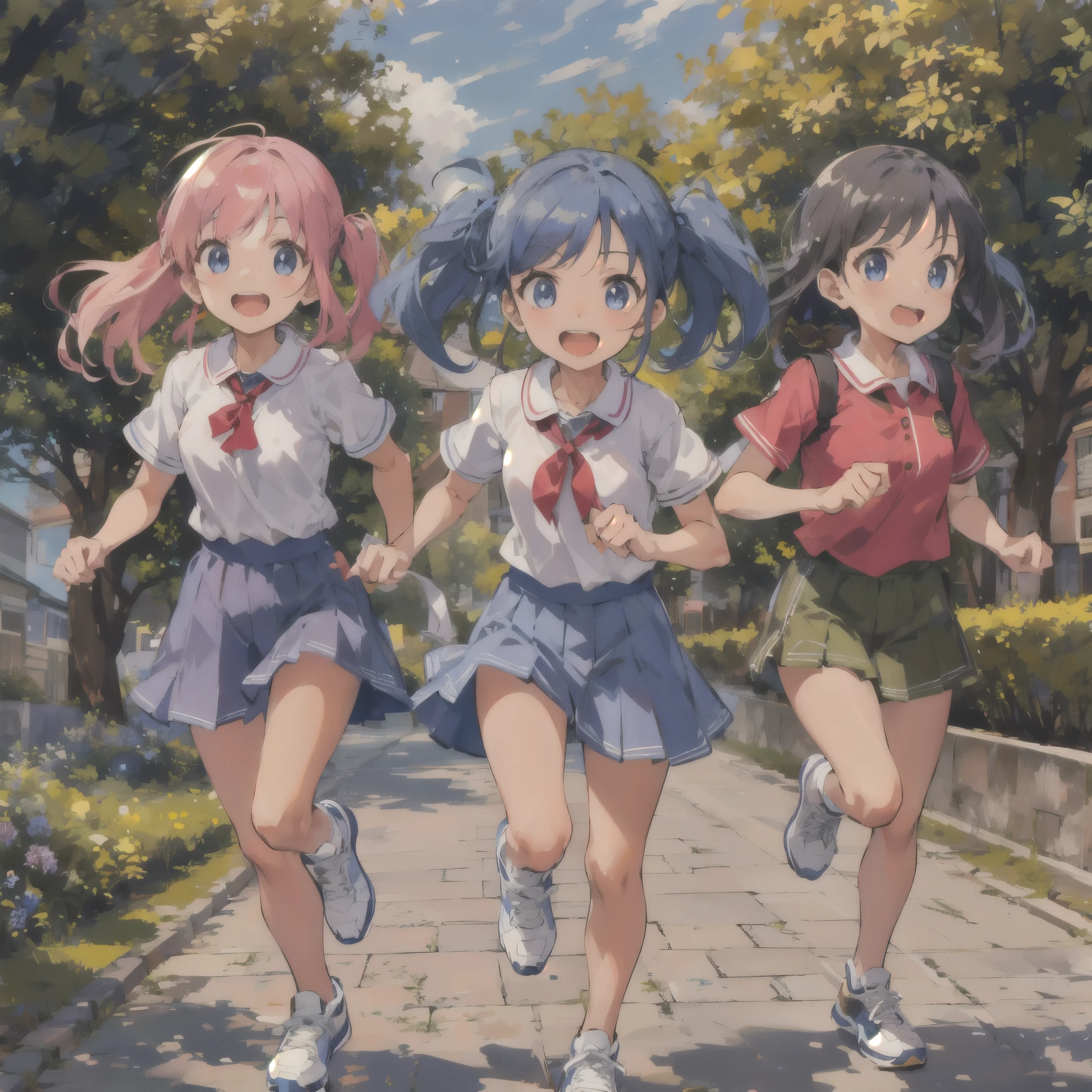 Anime girls running down a path in a park with trees - SeaArt AI