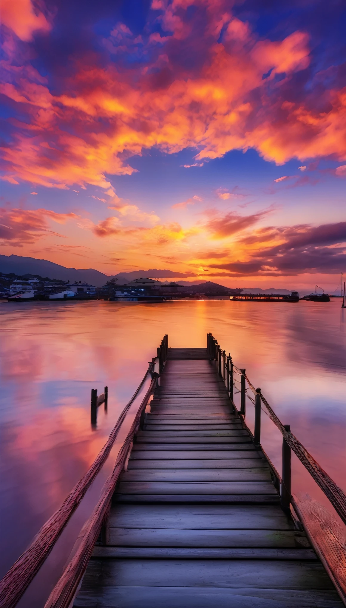A view of a dock with a boat in the water at sunset - SeaArt AI