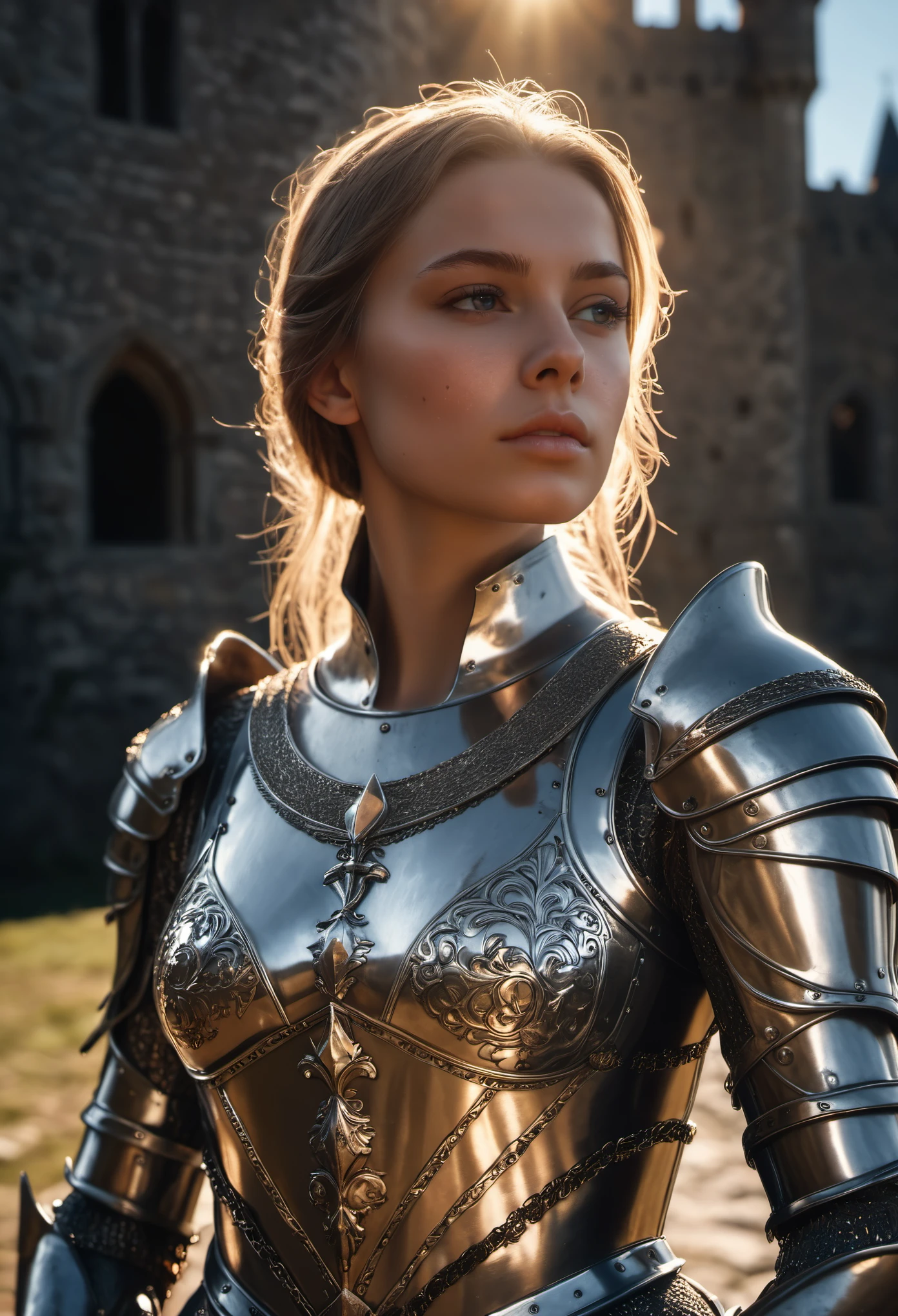 A woman in armor standing in front of a castle - SeaArt AI