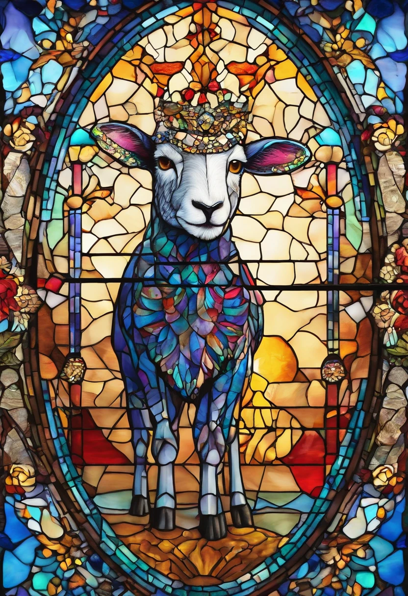A close up of a stained glass window with a sheep - SeaArt AI