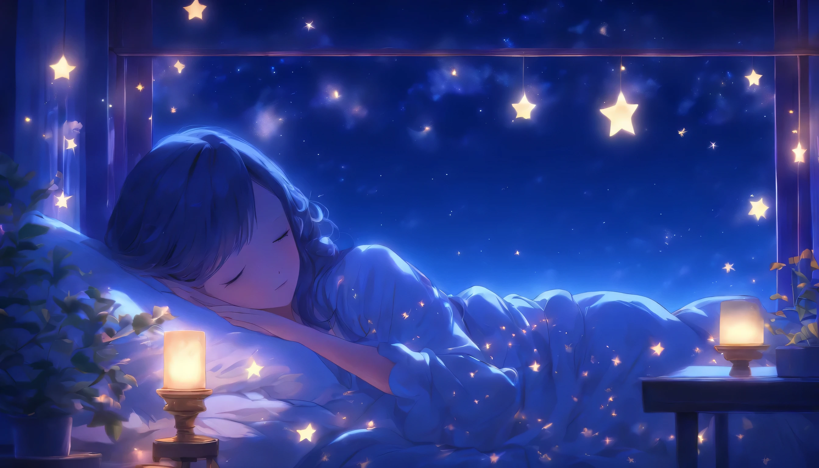 Anime girl sleeping in bed with stars and candles - SeaArt AI