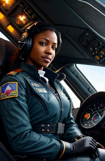 Arafed female pilot in uniform sitting in cockpit of airplane - SeaArt AI