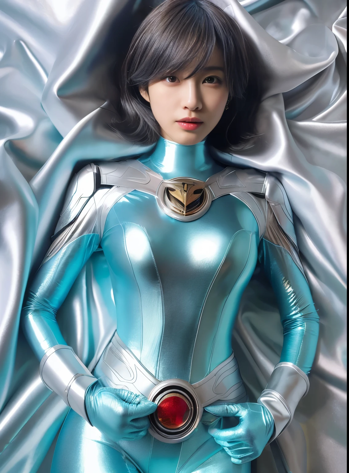 A close up of a woman in a shiny blue suit - SeaArt AI