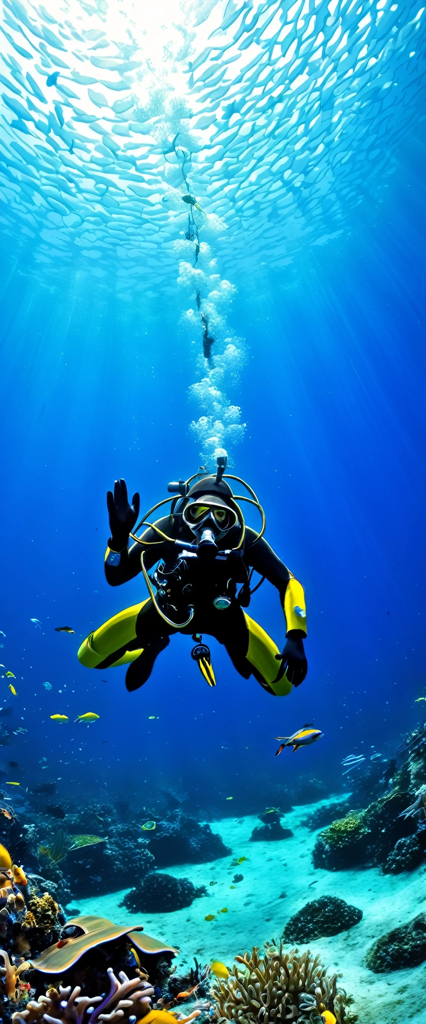 There is a scuba diver in the water with a lot of fish - SeaArt AI