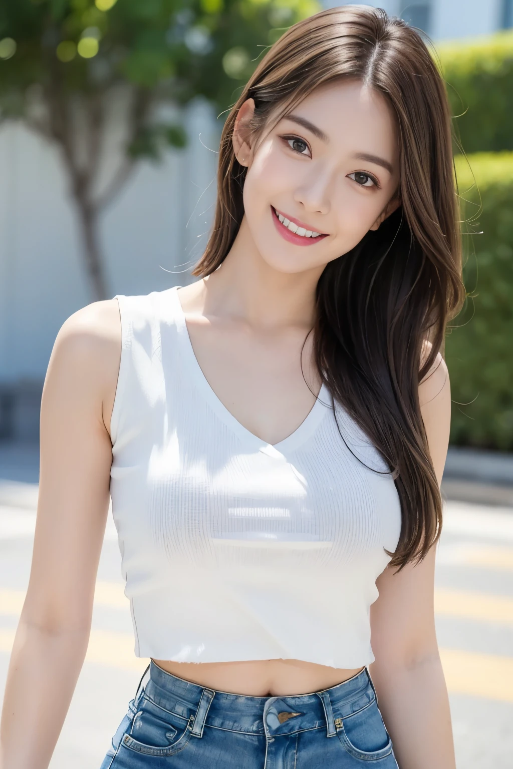 A woman in a white top and jeans posing for a picture - SeaArt AI