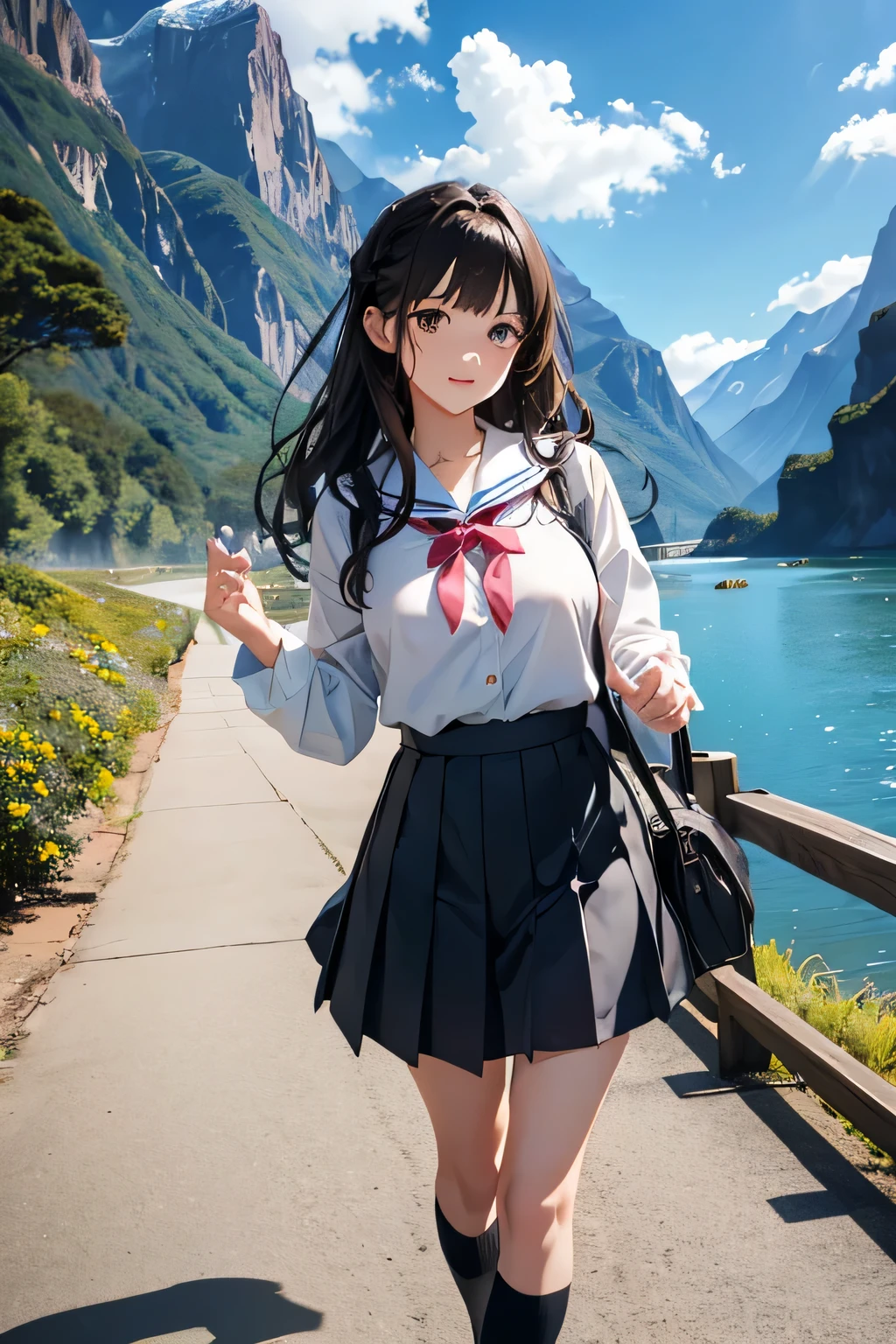 Anime girl in a school uniform walking down a path near a lake - SeaArt AI