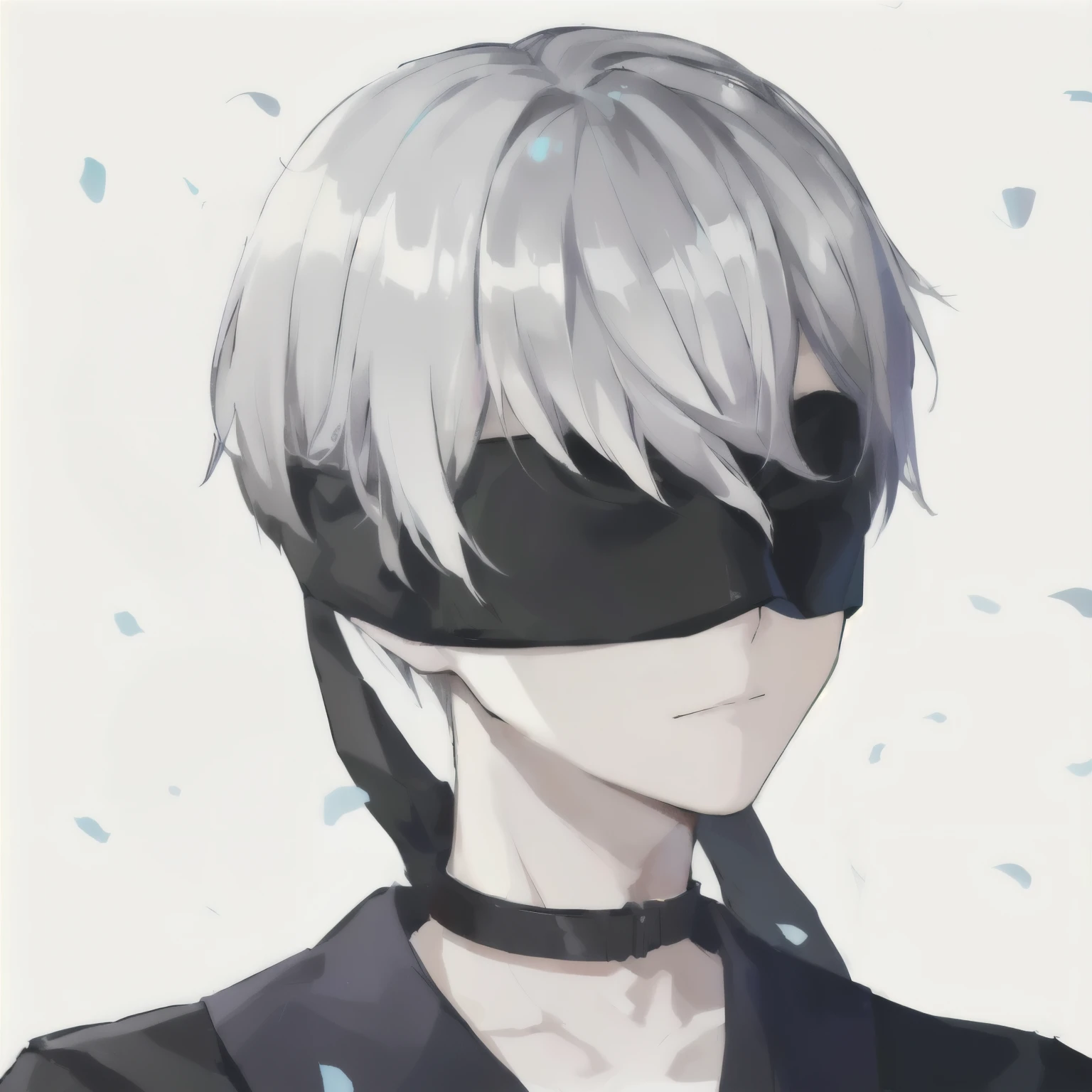 Anime boy with blindfold and black eye mask in front of white ...