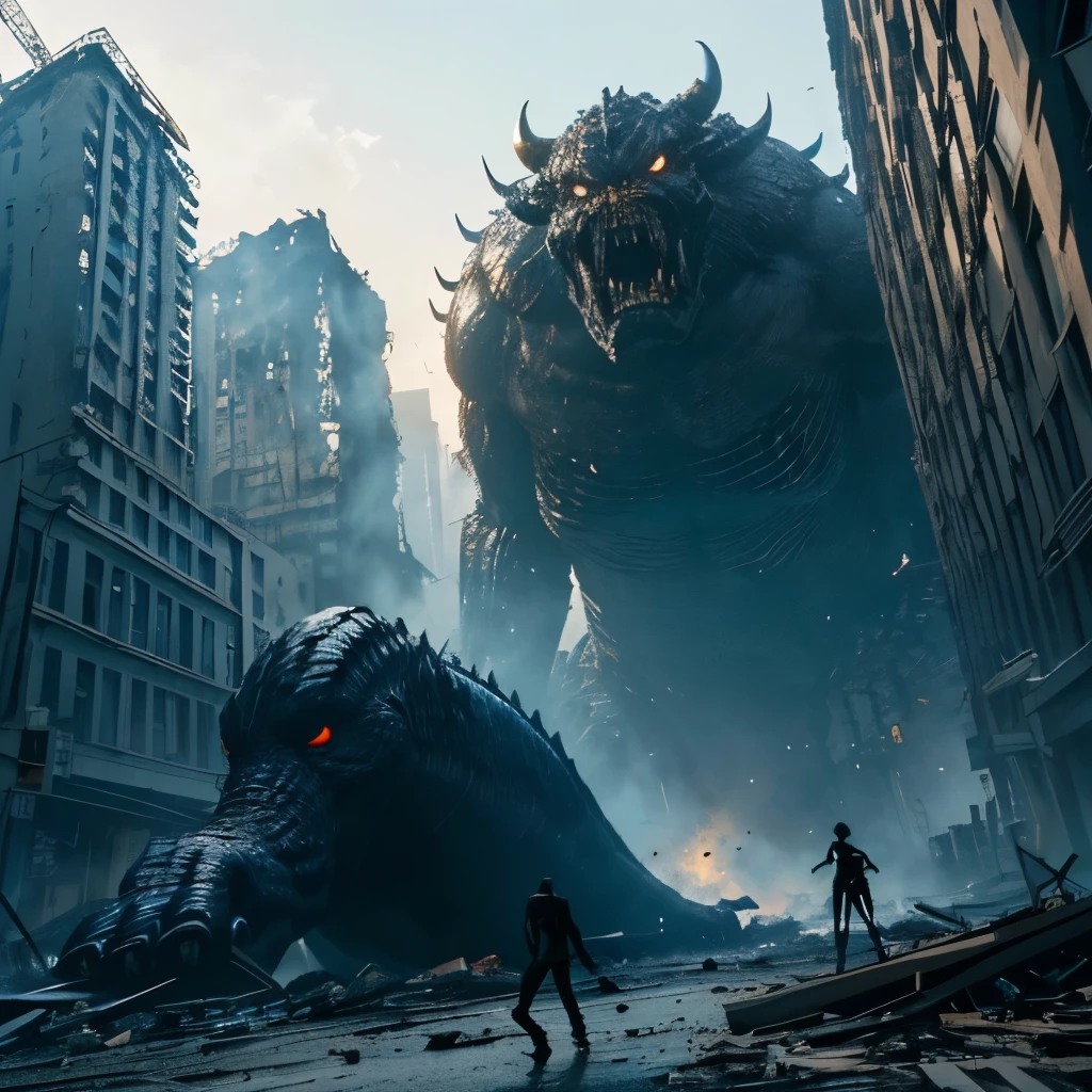 A man standing in front of a giant monster in a city - SeaArt AI