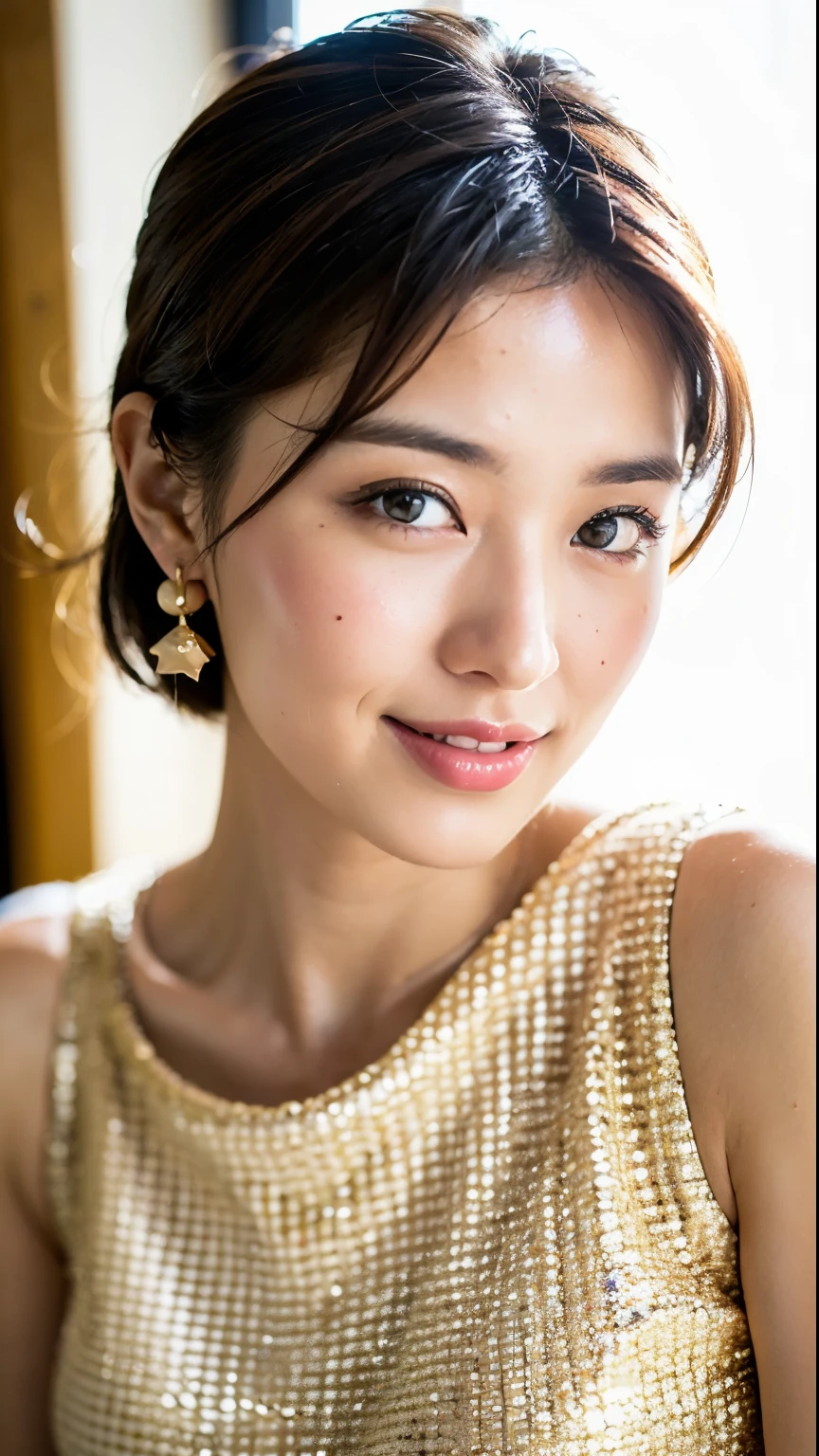 A close up of a woman in a gold dress looking at the camera - SeaArt AI