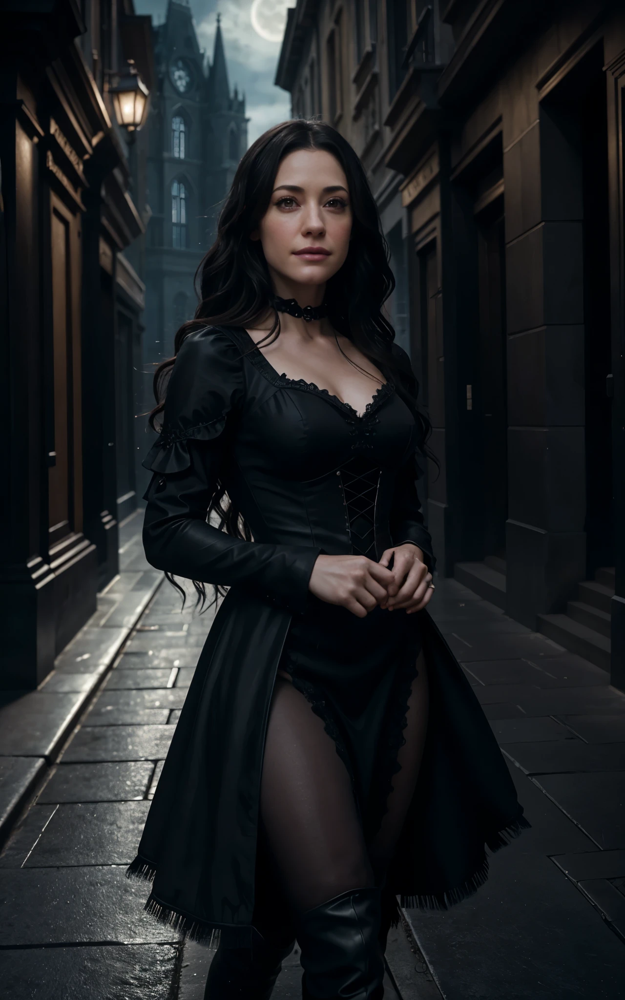 A woman in a black dress and boots standing on a street - SeaArt AI