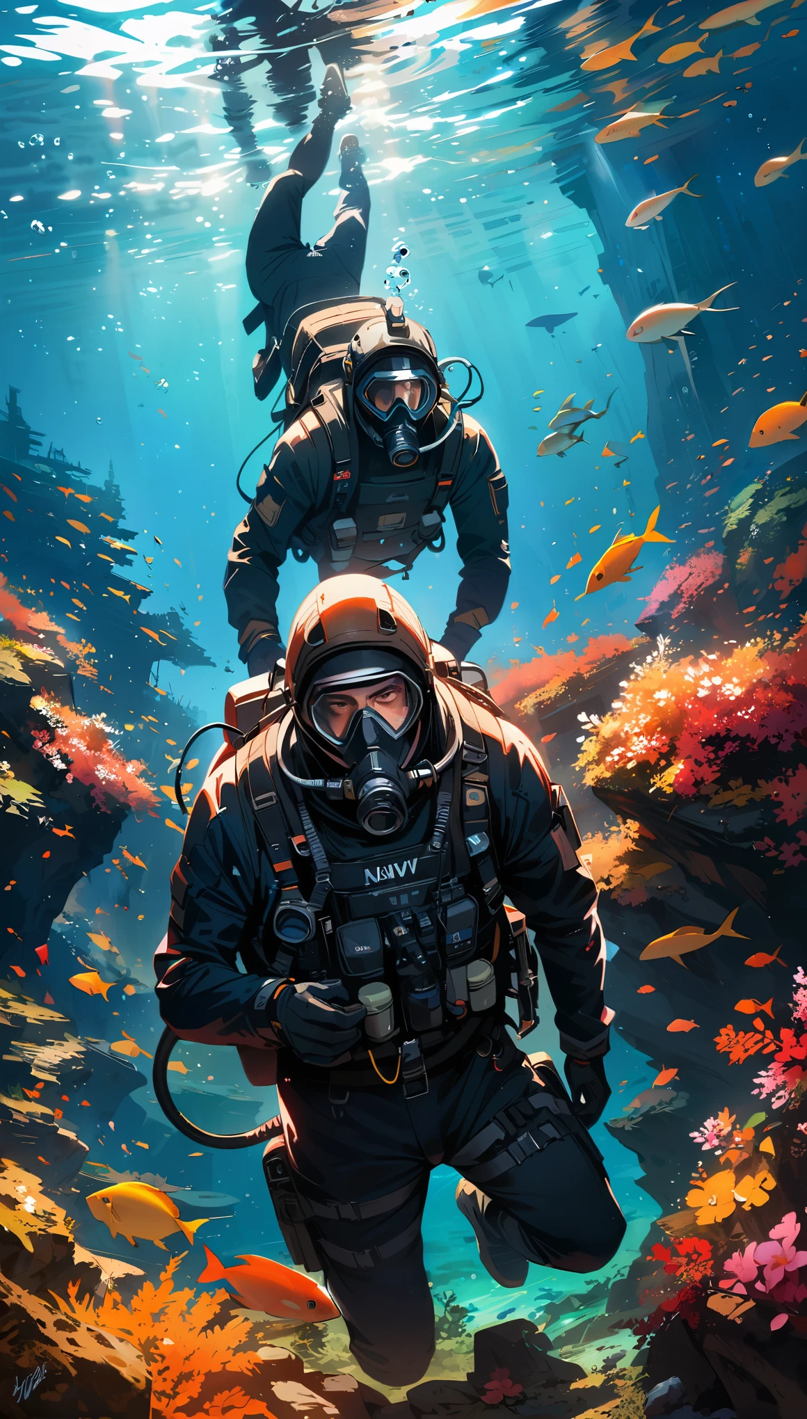 Two divers in diving gear are standing in the water - SeaArt AI