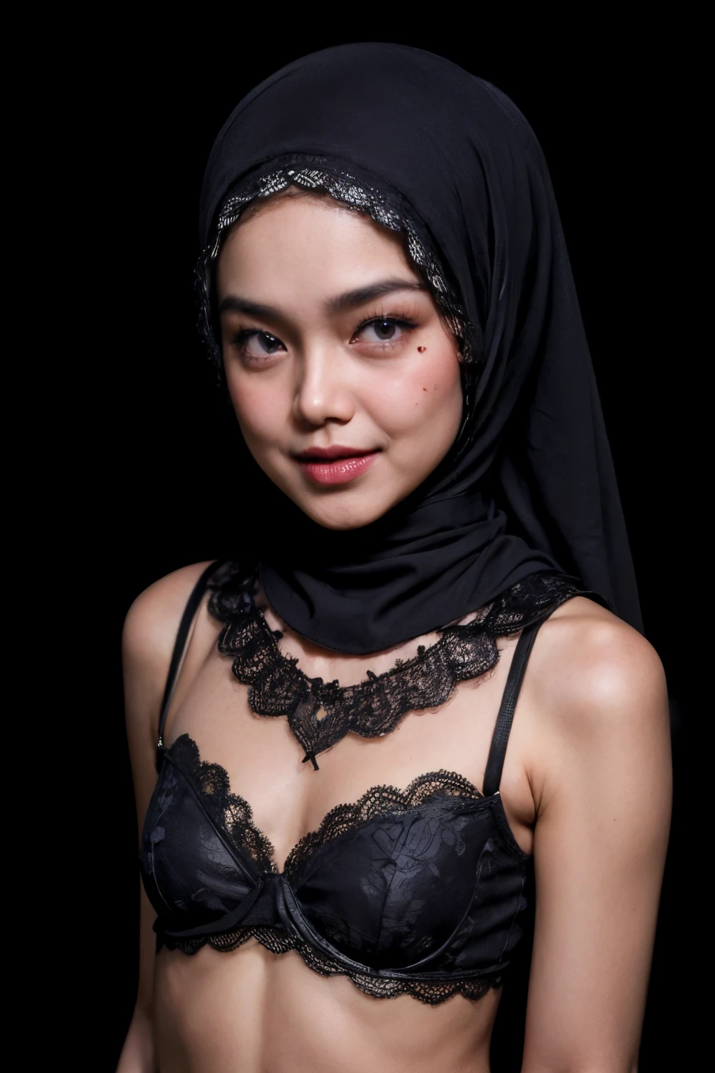 A woman wearing a black hijab and a black bra - SeaArt AI