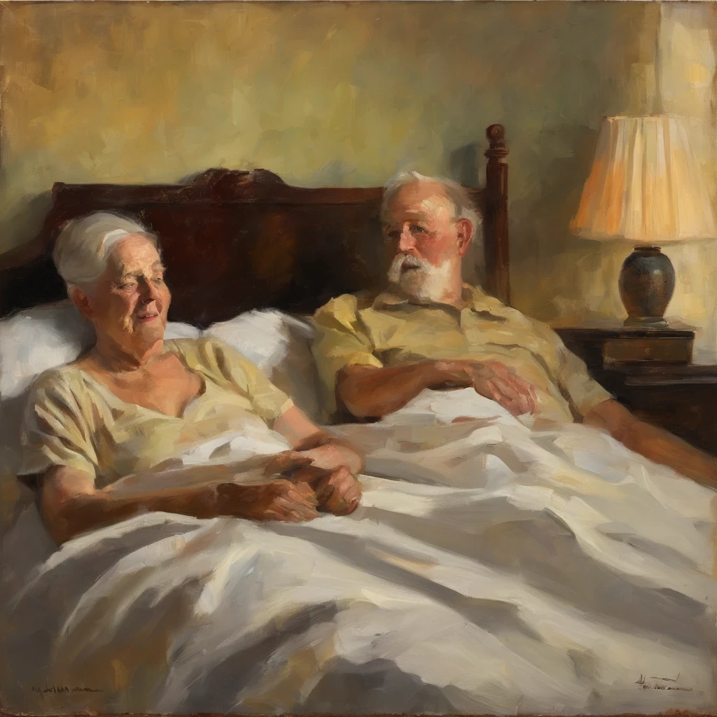 Painting of an older couple in bed with a lamp on the side - SeaArt AI
