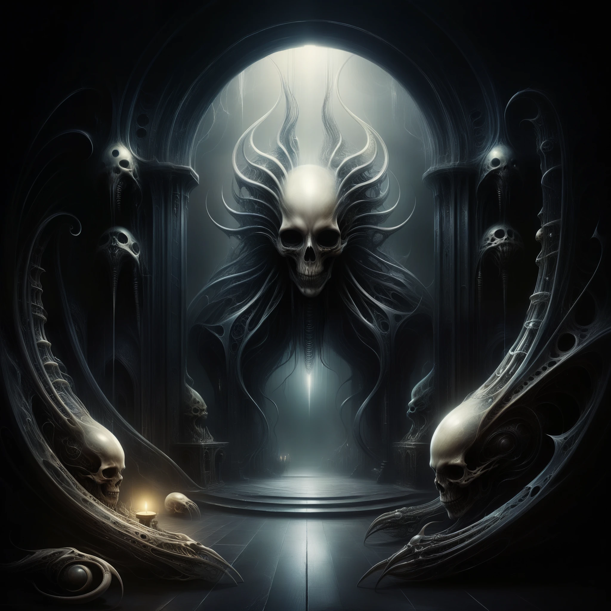 A dark and creepy image of a demonic creature with a skull - SeaArt AI