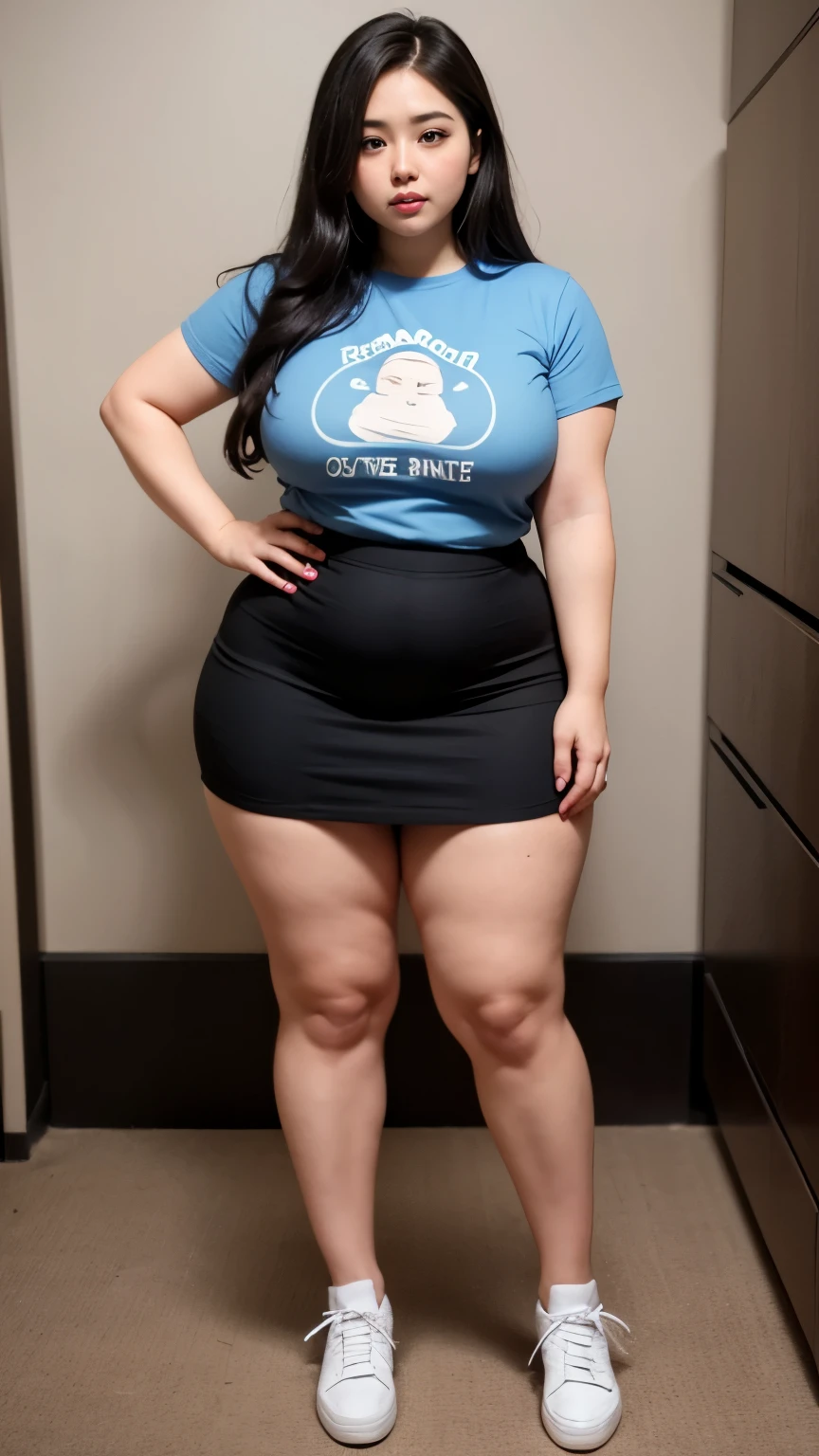 A woman in a blue shirt and black skirt posing for a picture - SeaArt AI