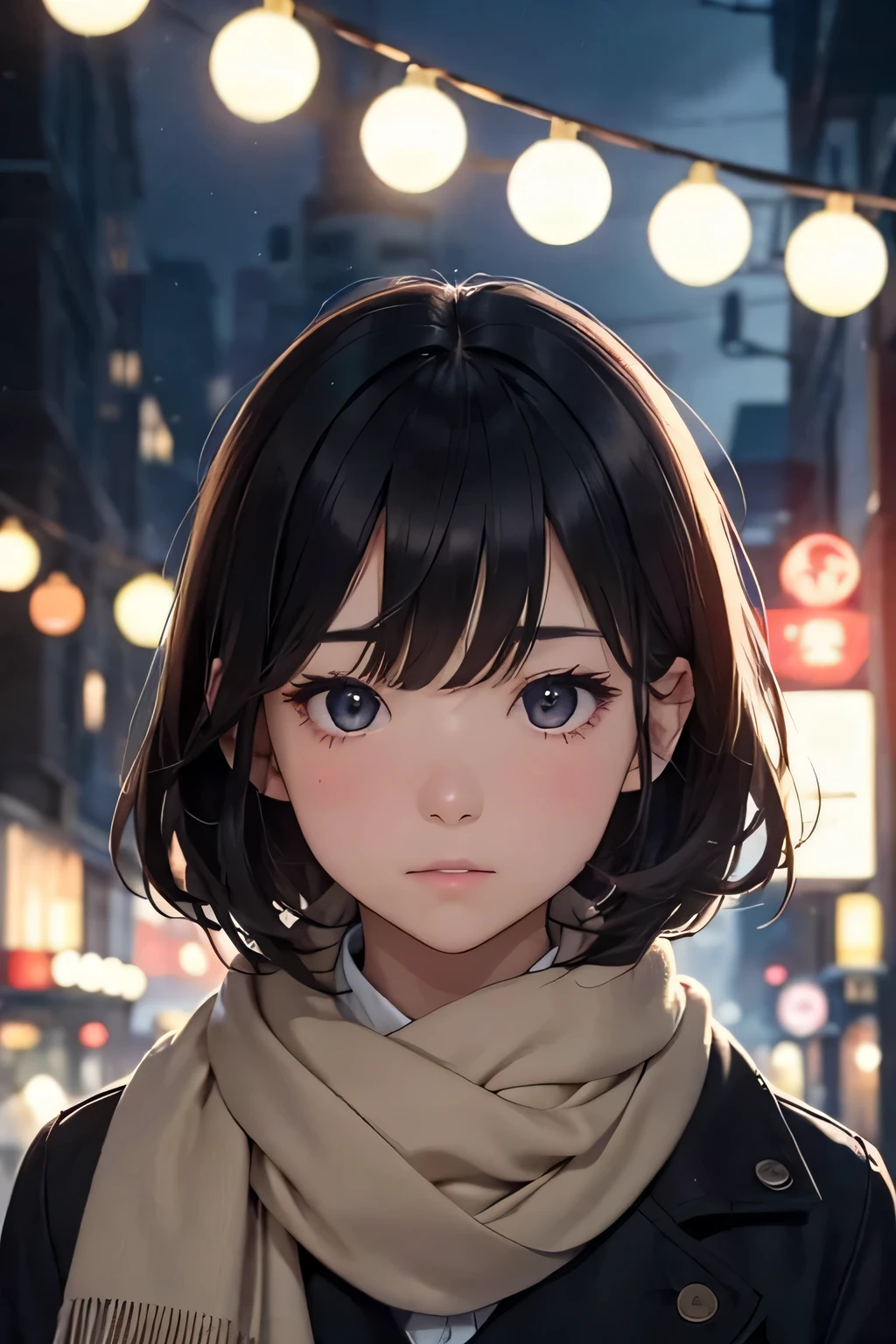A woman with a scarf and scarf around her neck standing in a city ...