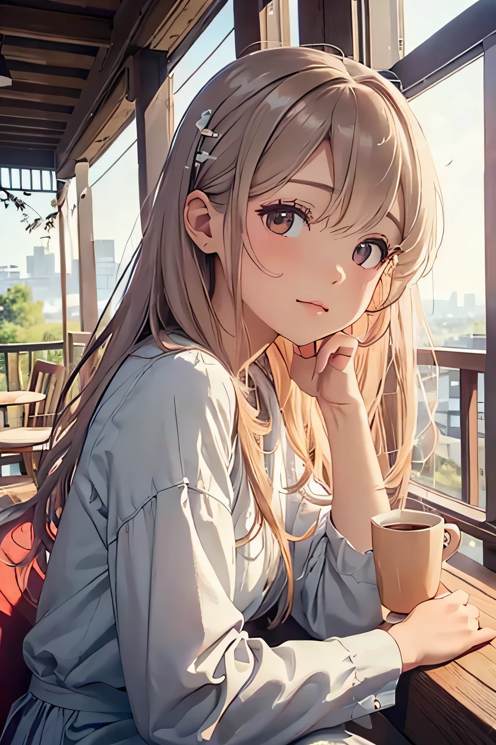 Anime girl with long hair sitting on a bench with a cup of coffee ...