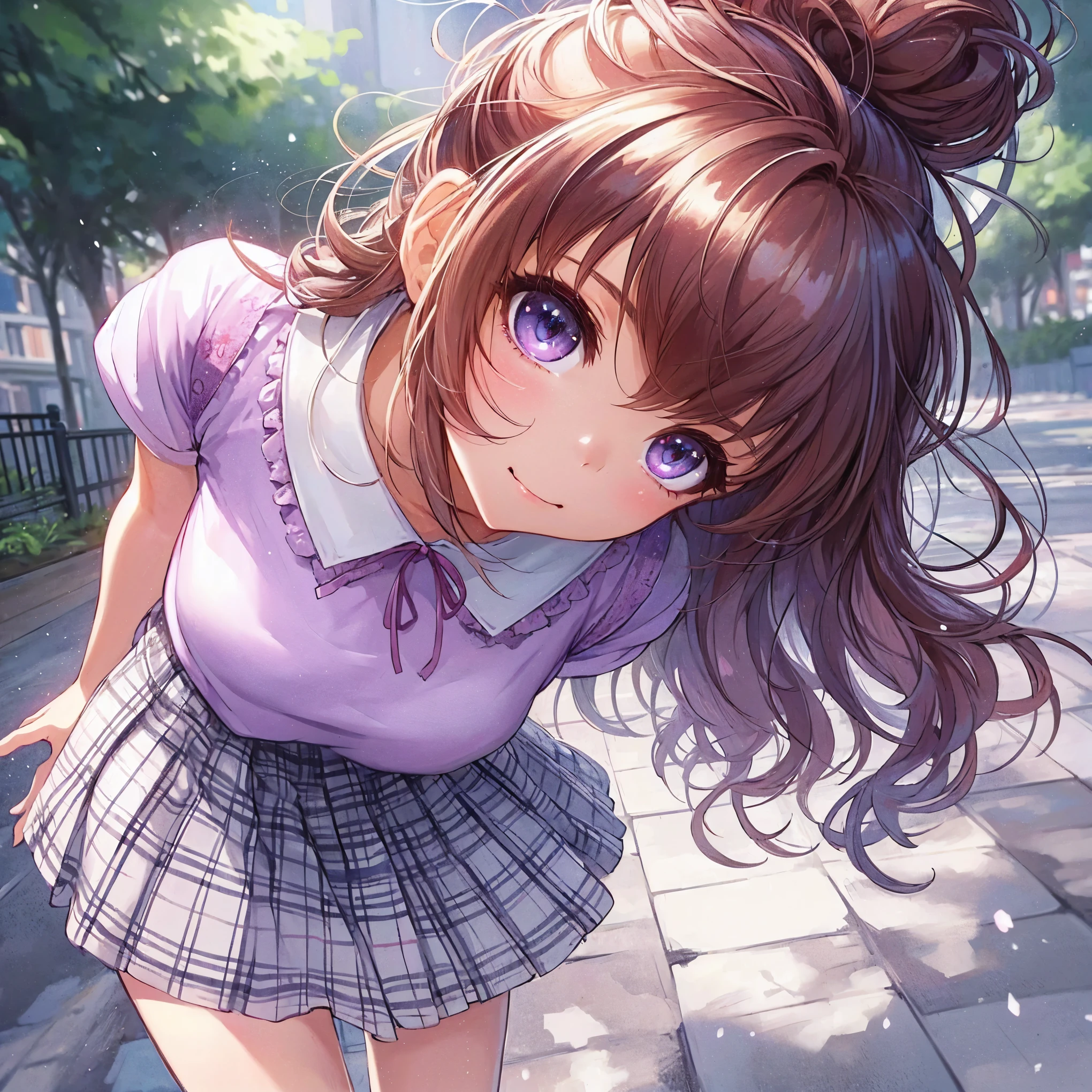 Anime girl with long hair and purple shirt in a city - SeaArt AI