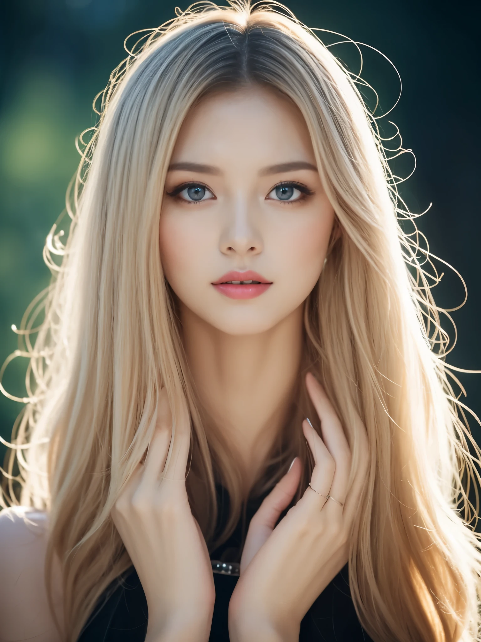 A woman with long blonde hair and blue eyes posing for a picture ...